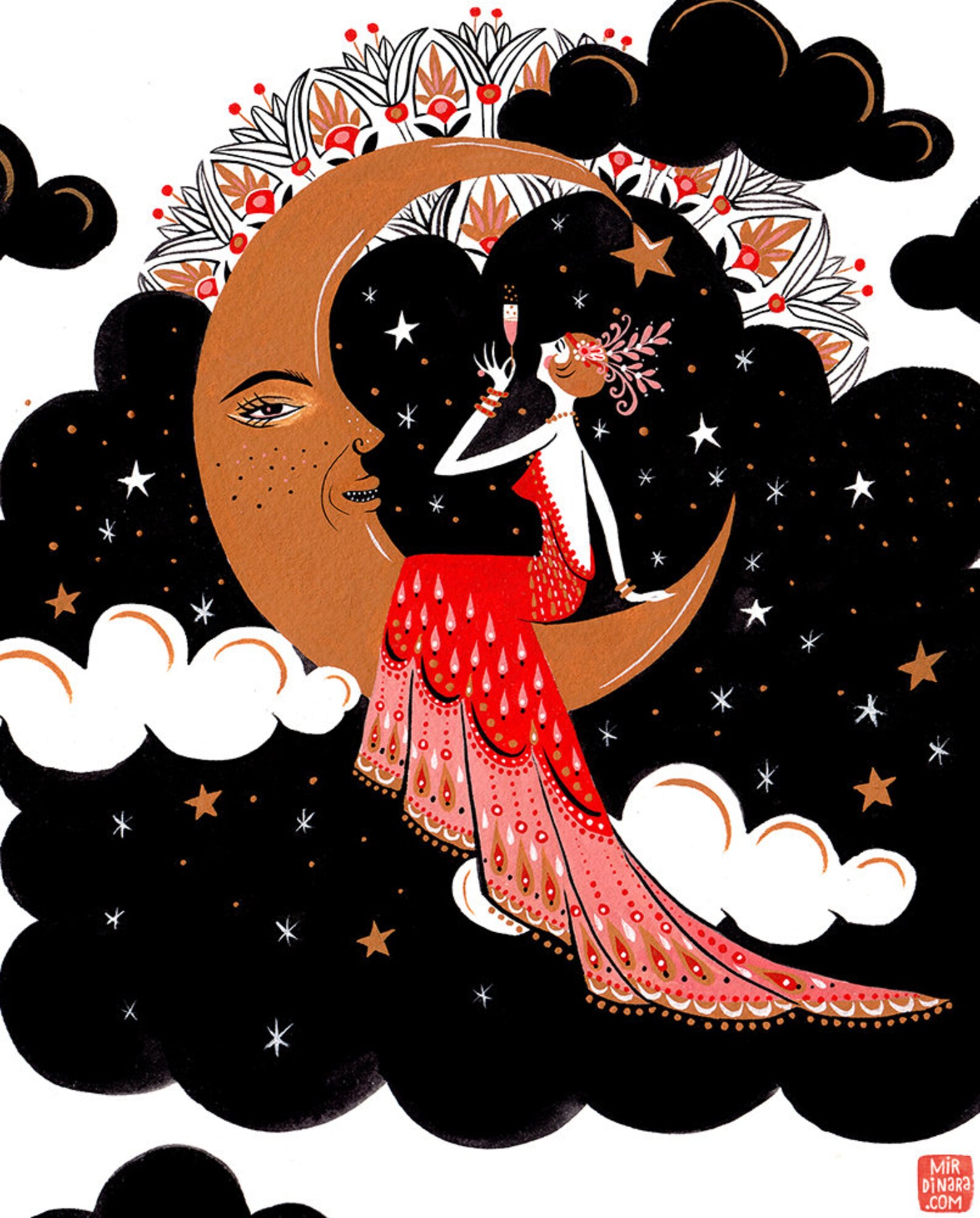 Giclee Print Lady In Red On Half Moon Art Print | Etsy