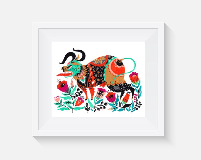 Giclee Print, Folk Bull Art Print - Etsy