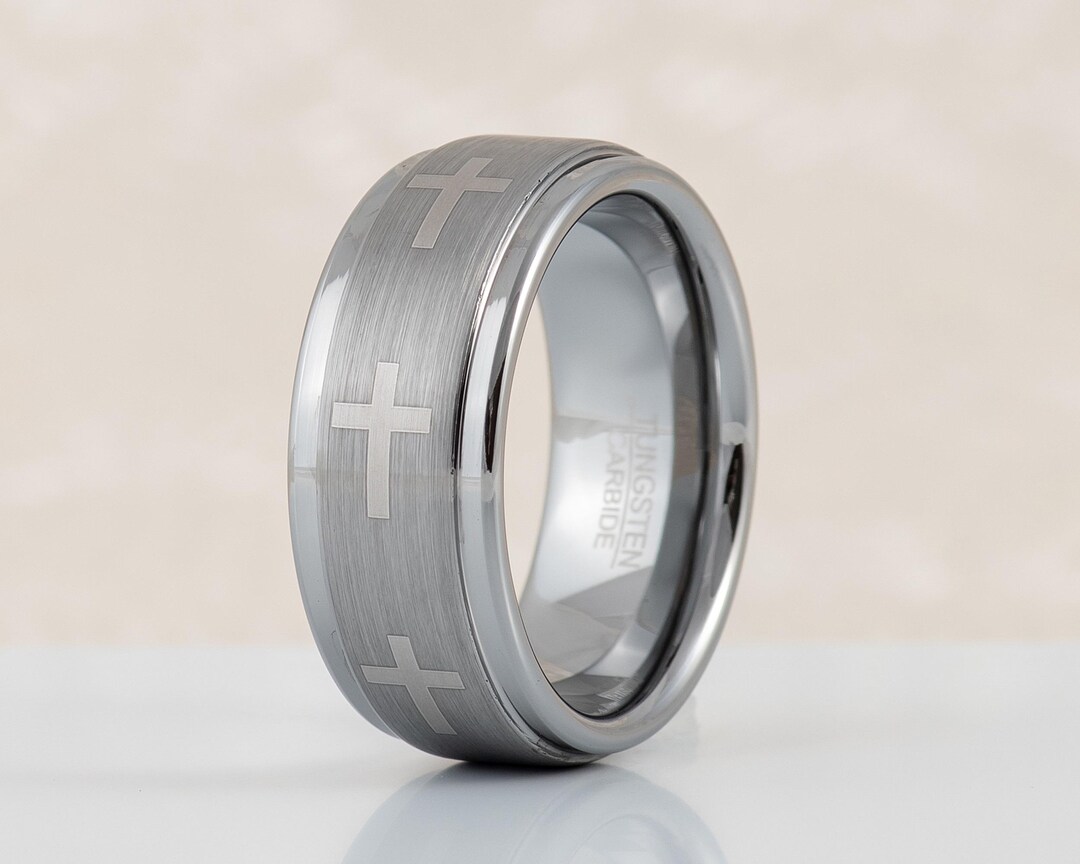 Sideway Cross Wedding Band for Men, Gray Tungsten Ring, Promise Band ...