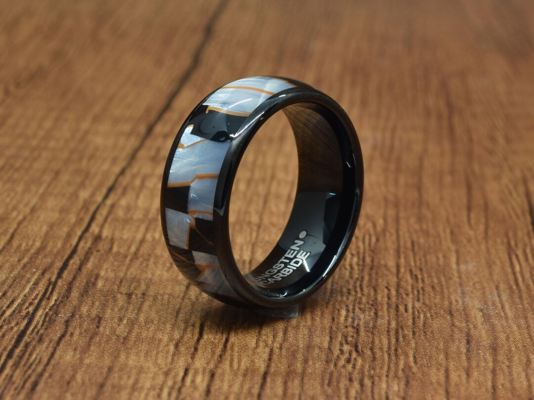 Capiz Shells Tungsten Ring for Men, Unique Nautical Wedding Band, Black ...
