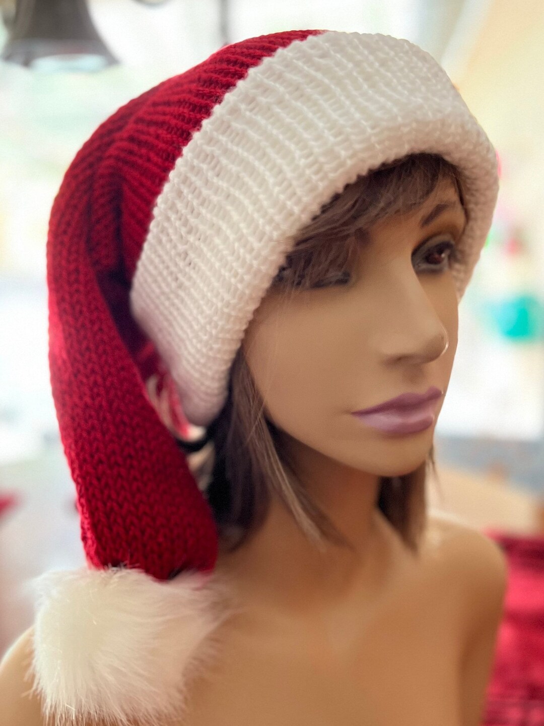 Elf Santa Hat Acrylic Slouchy Beanie With Faux Fur Pom Pom Knit ...
