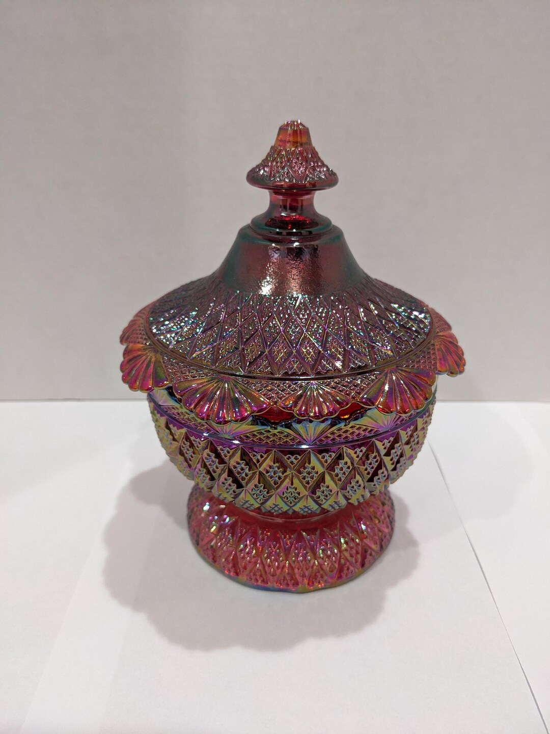 Vintage Authentic Handmade Fenton Covered Candy Dish in Red Orange ...