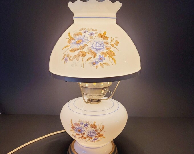 Vintage White Milk Glass Hurricane Lamp Desk Parlor Table Blue Roses ...