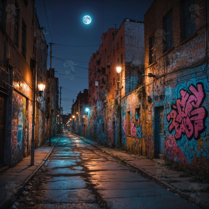 Alleyway digital File, Graffiti Night Scene, Moonlit Alleyway Print ...