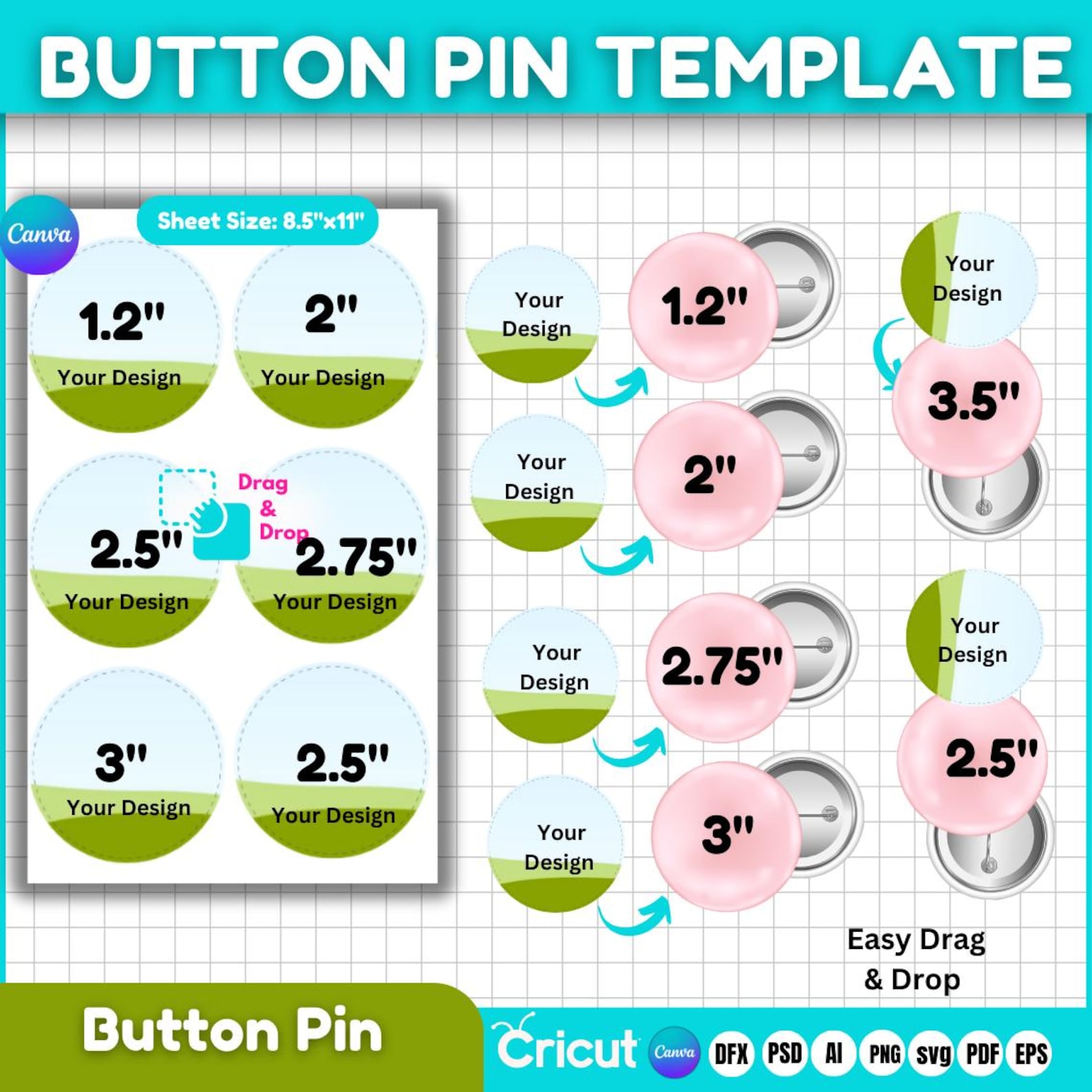 Button Pin Template Bundle Editable Canva Frames Blank Pinback Button ...