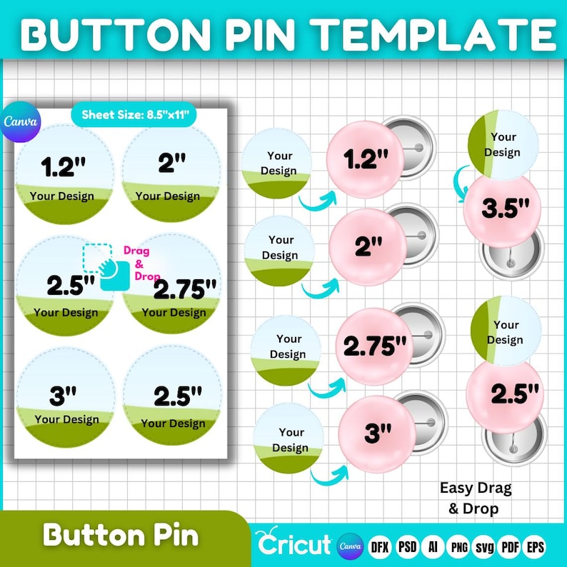 Button Pin Template Bundle Editable Canva Frames Blank Pinback Button ...