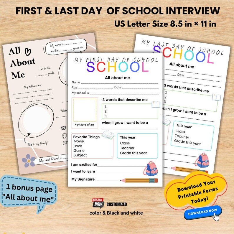 First and Last Day of School Printable All About Me Back to School ...