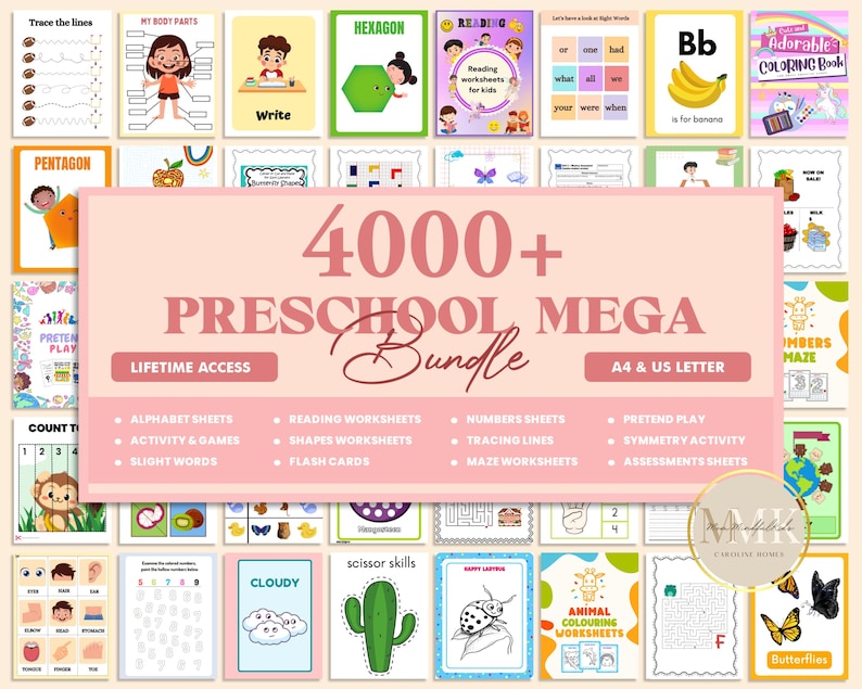 4000+ Preschool Worksheets Pre K Kindergarten Learning Bundle Toddler ...