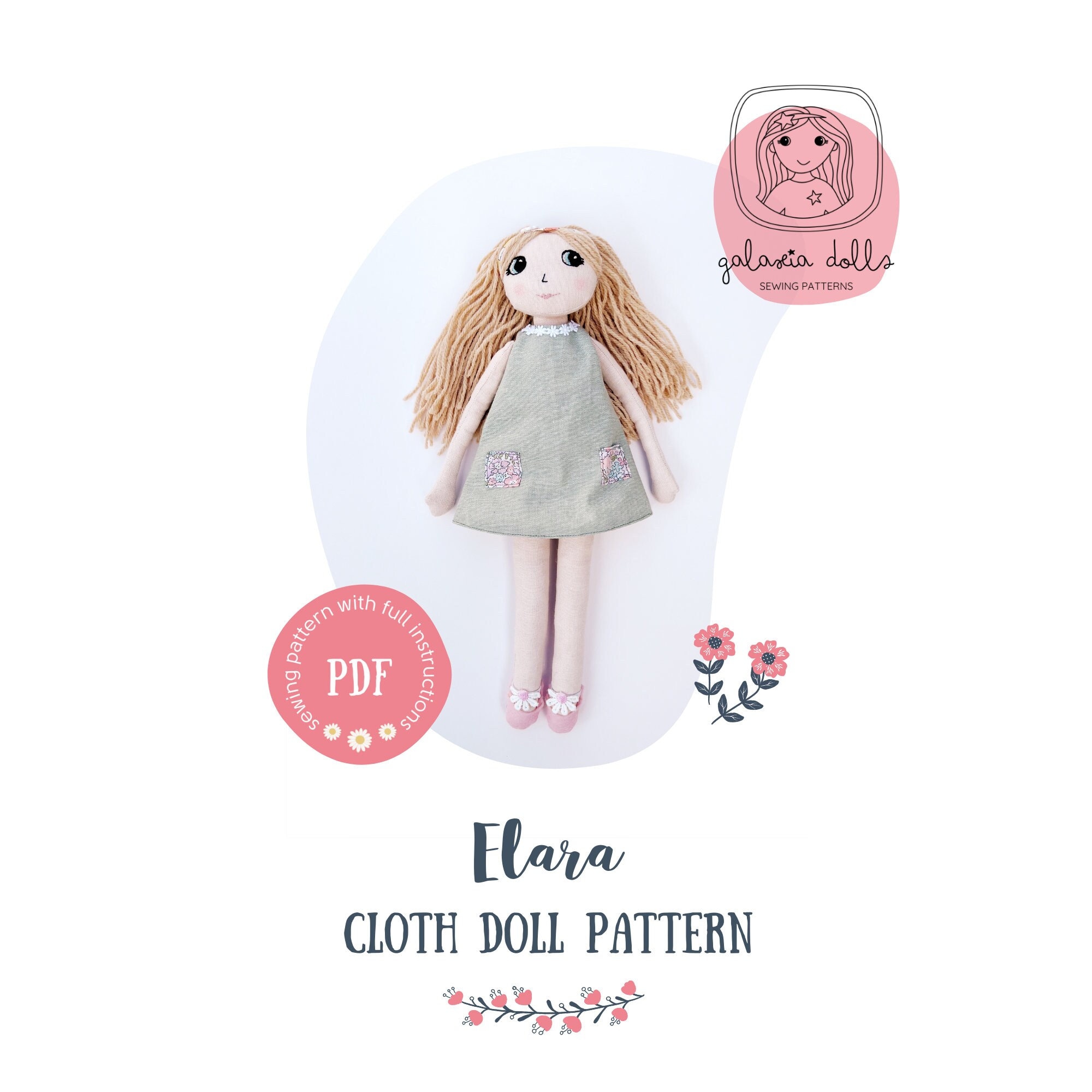Cloth Doll Sewing Pattern PDF Doll, Dress, Headband and Shoe Patterns ...