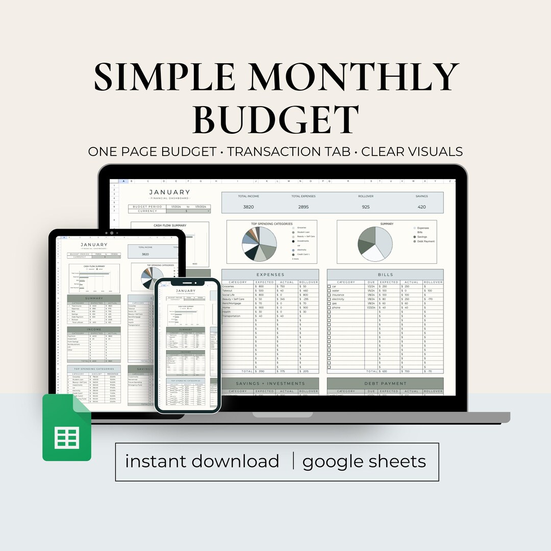 Simple Budget, One Page Budget Spreadsheet for Google Sheets, Budget ...