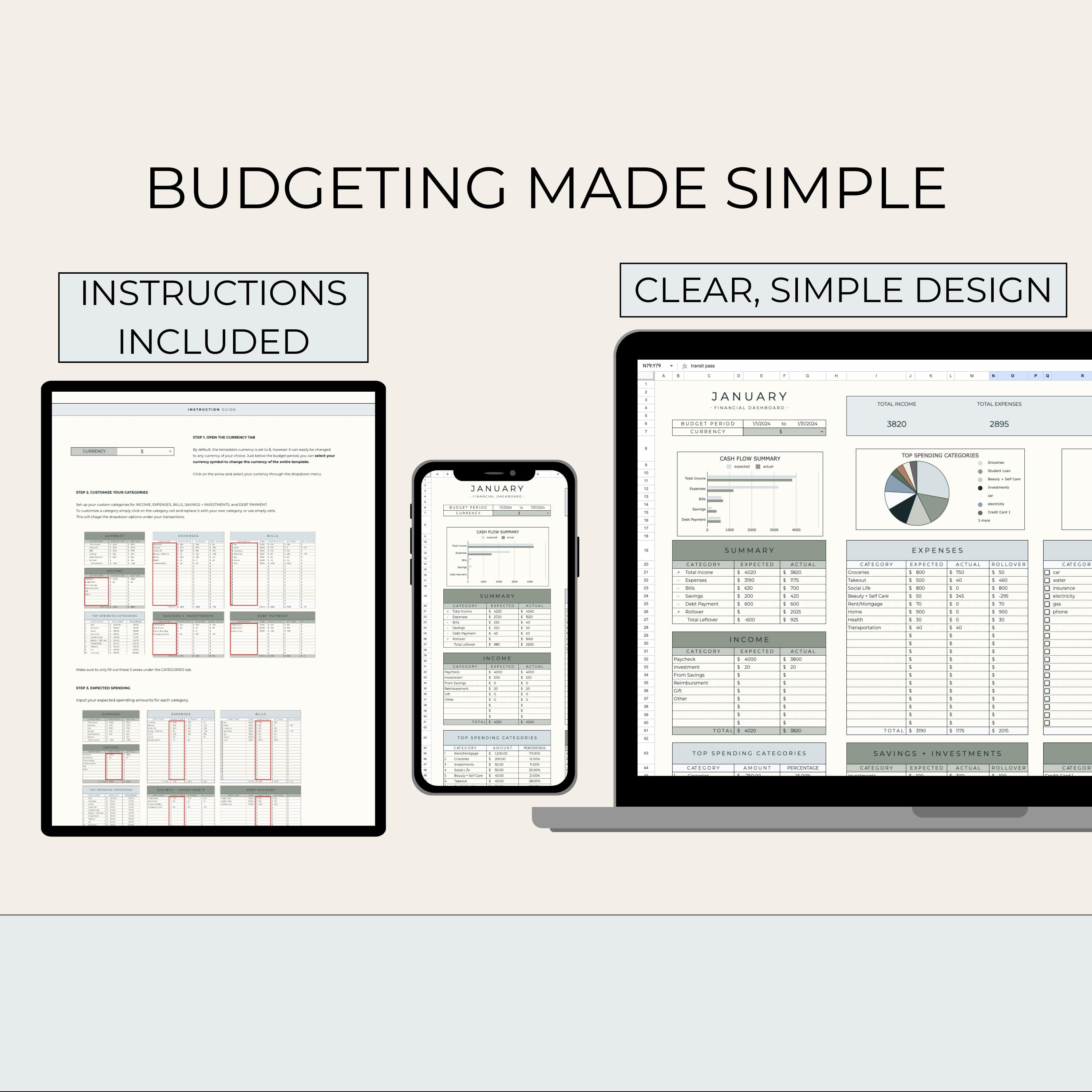 Simple Budget, One Page Budget Spreadsheet for Google Sheets, Budget ...
