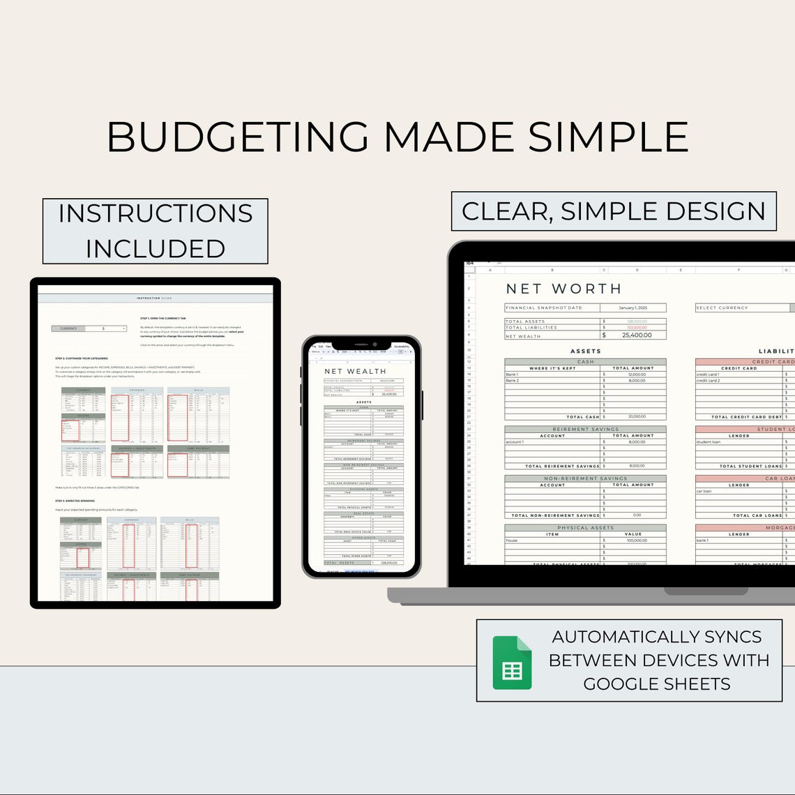Net Worth Tracker, Google Sheets, Net Wealth Calculator, Assets and ...