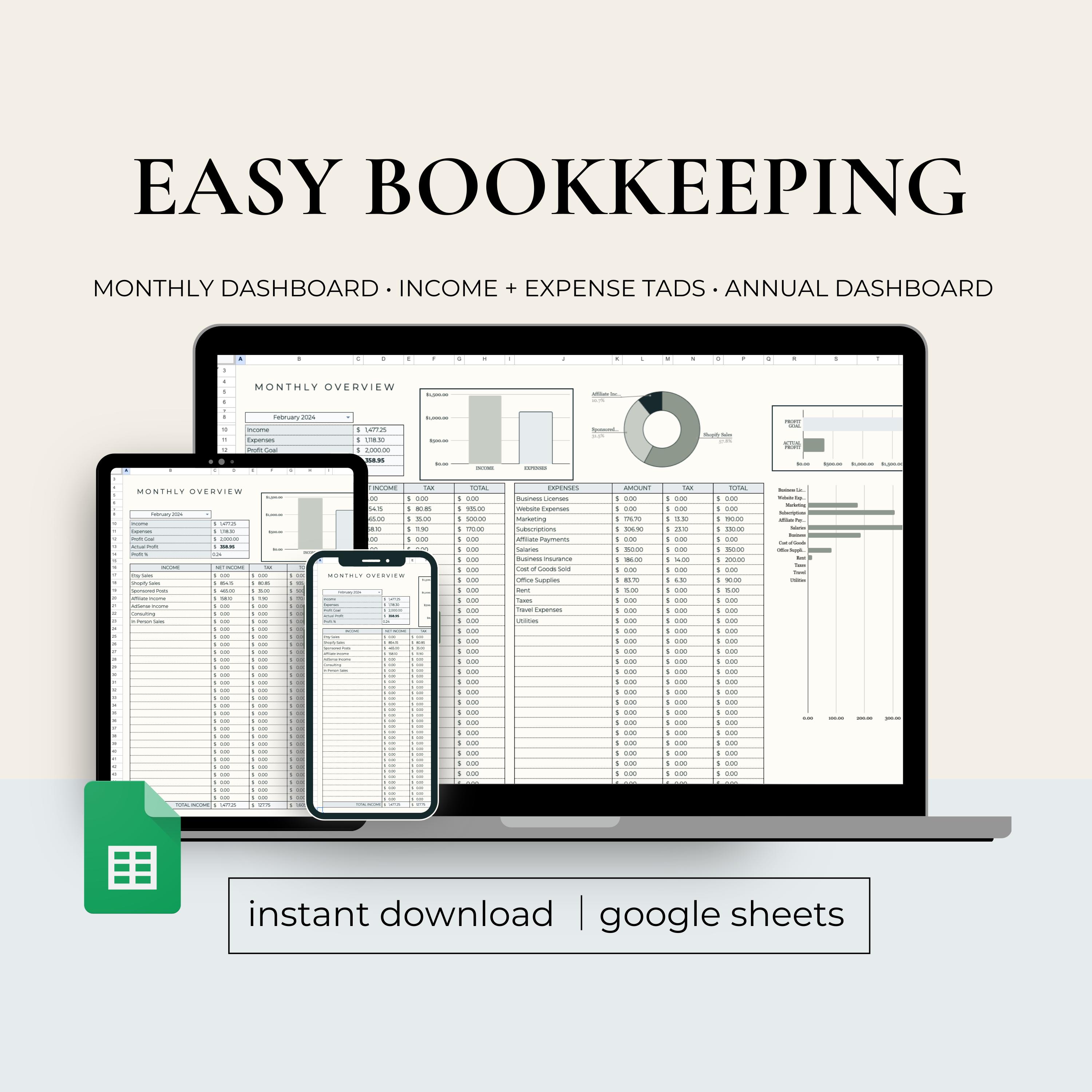 Easy Bookkeeping Package, Small Business Bookkeeping Template, Business ...