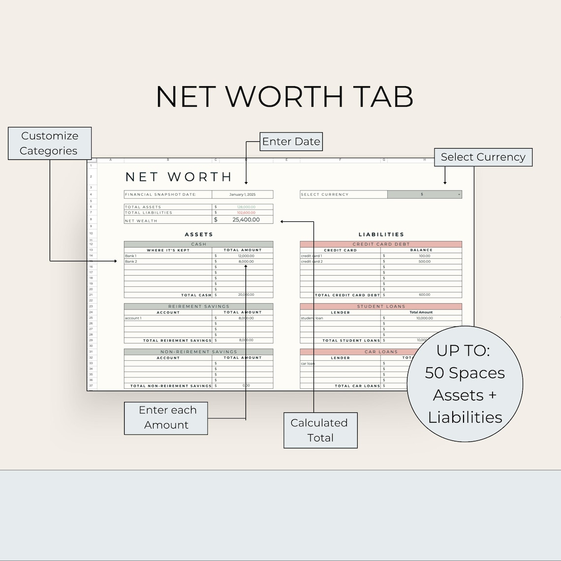 Net Worth Tracker, Google Sheets, Net Wealth Calculator, Assets and ...