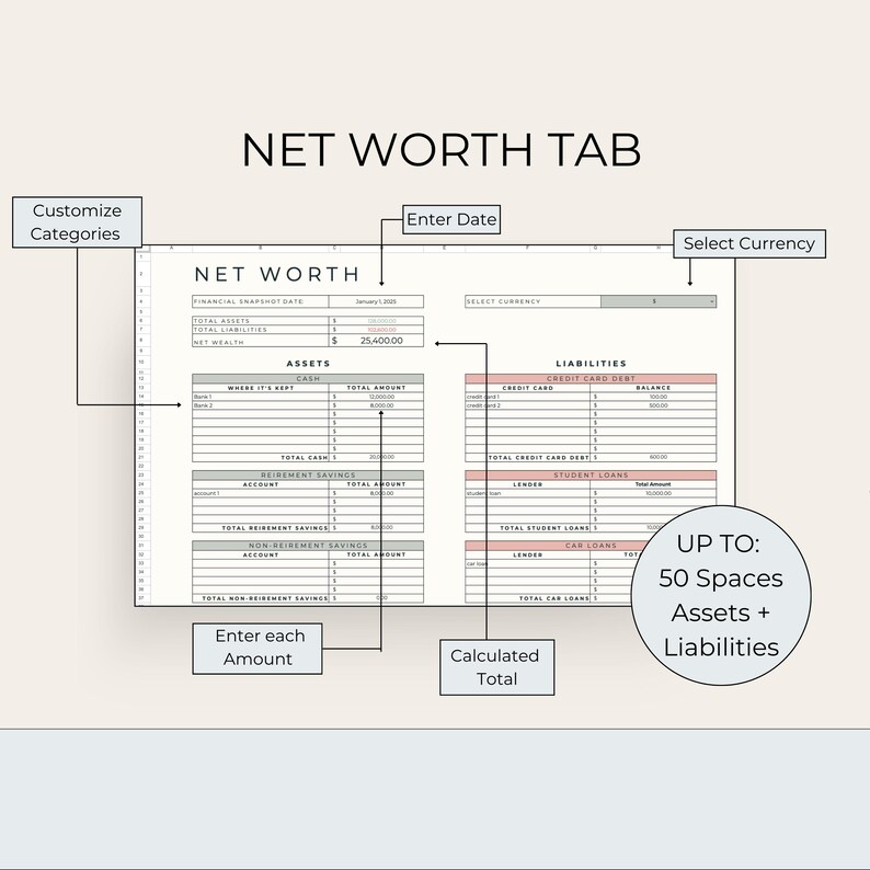 Net Worth Tracker, Google Sheets, Net Wealth Calculator, Assets and ...