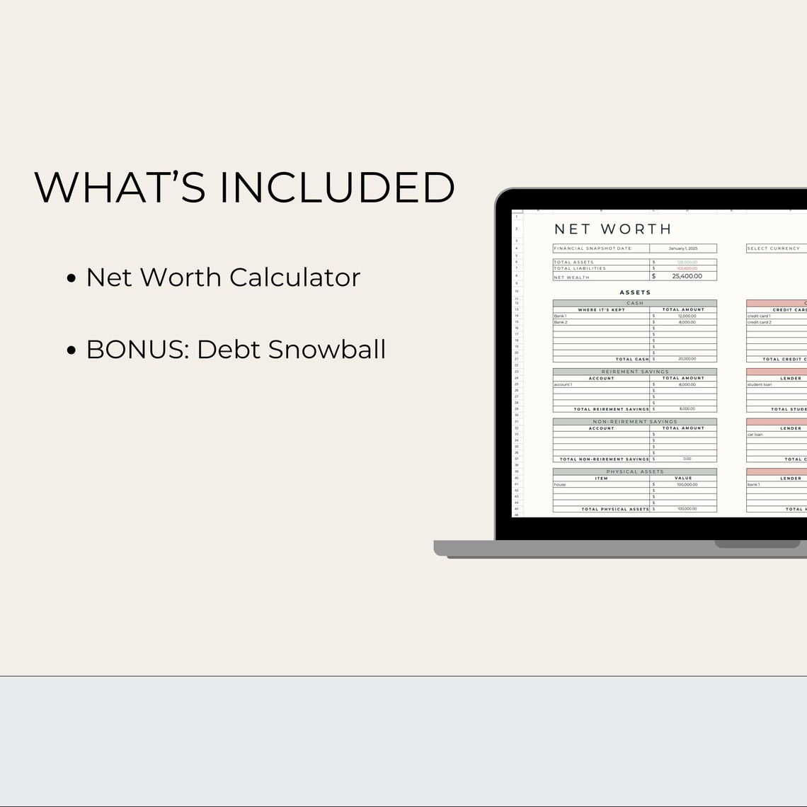 Net Worth Tracker, Google Sheets, Net Wealth Calculator, Assets and ...