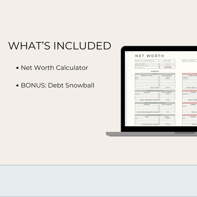 Net Worth Tracker, Google Sheets, Net Wealth Calculator, Assets and ...