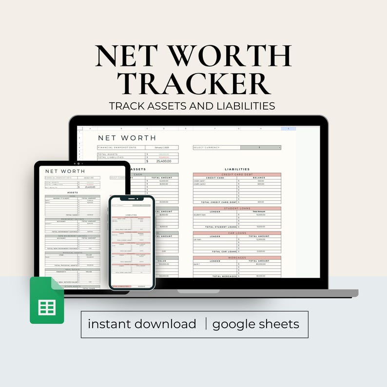 Net Worth Tracker, Google Sheets, Net Wealth Calculator, Assets and ...