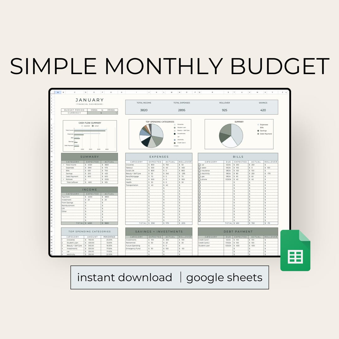 Simple Budget, One Page Budget Spreadsheet for Google Sheets, Budget ...