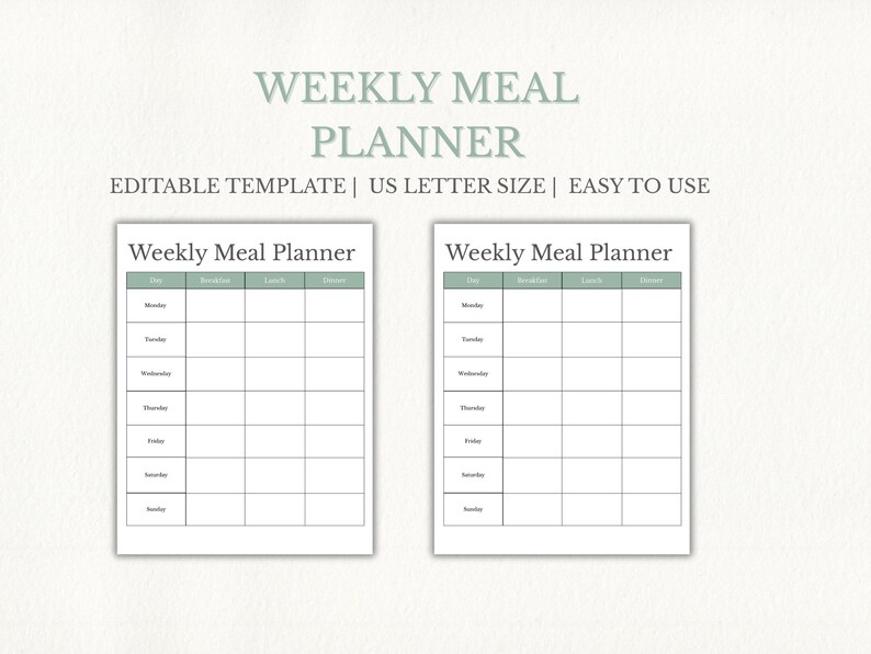 Weekly Meal Planner Printable | Editable Meal Planning Template L Breakfast, Lunch, and Dinner ...