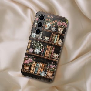 Floral Bookshelf Phone Case – Vintage Book Aesthetic, Protective Cover ...