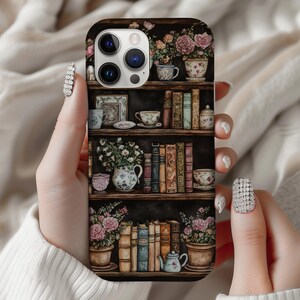 Floral Bookshelf Phone Case – Vintage Book Aesthetic, Protective Cover ...