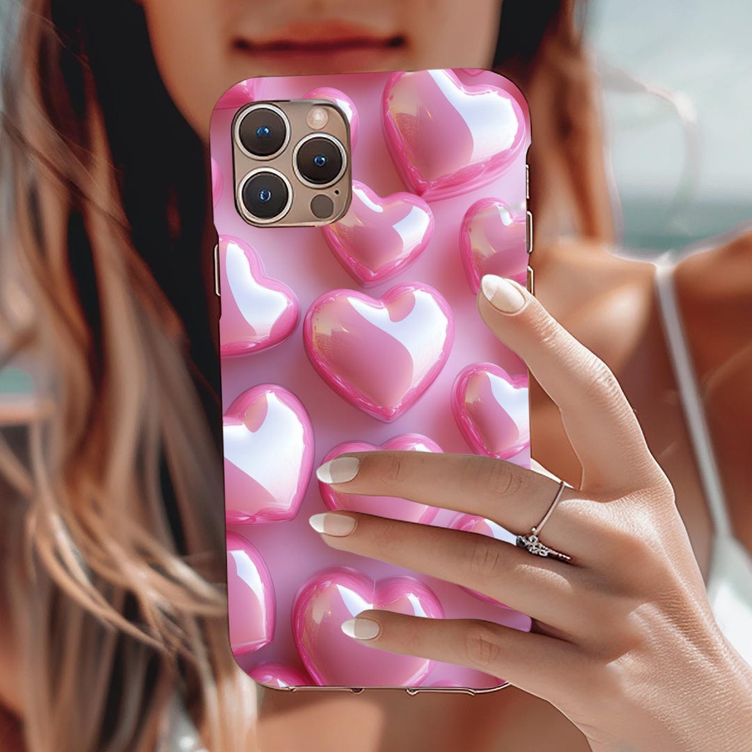 Pink Heart Phone Case - Cute Aesthetic Glossy Love Design, Valentine's ...
