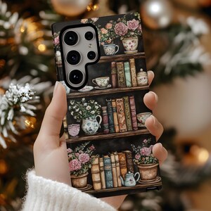 Floral Bookshelf Phone Case – Vintage Book Aesthetic, Protective Cover ...
