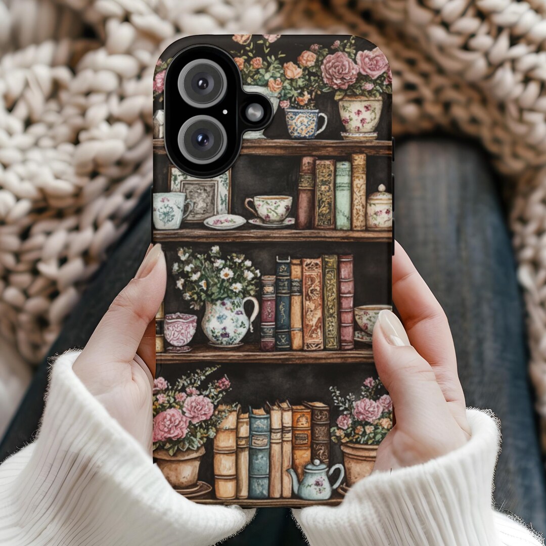 Floral Bookshelf Phone Case – Vintage Book Aesthetic, Protective Cover ...