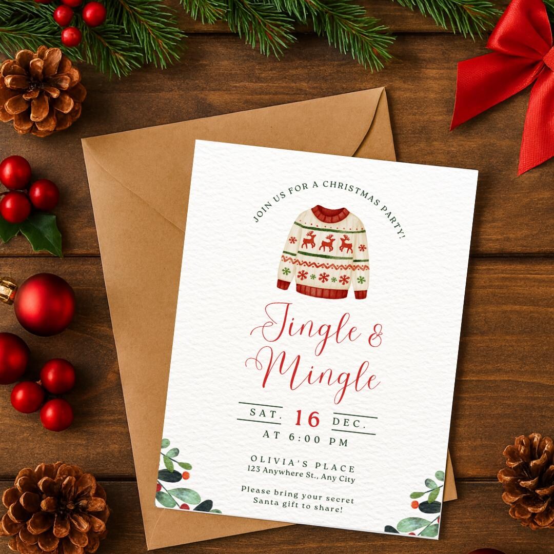 Editable Ugly Sweater Christmas Invitation | Jingle & Mingle Holiday ...