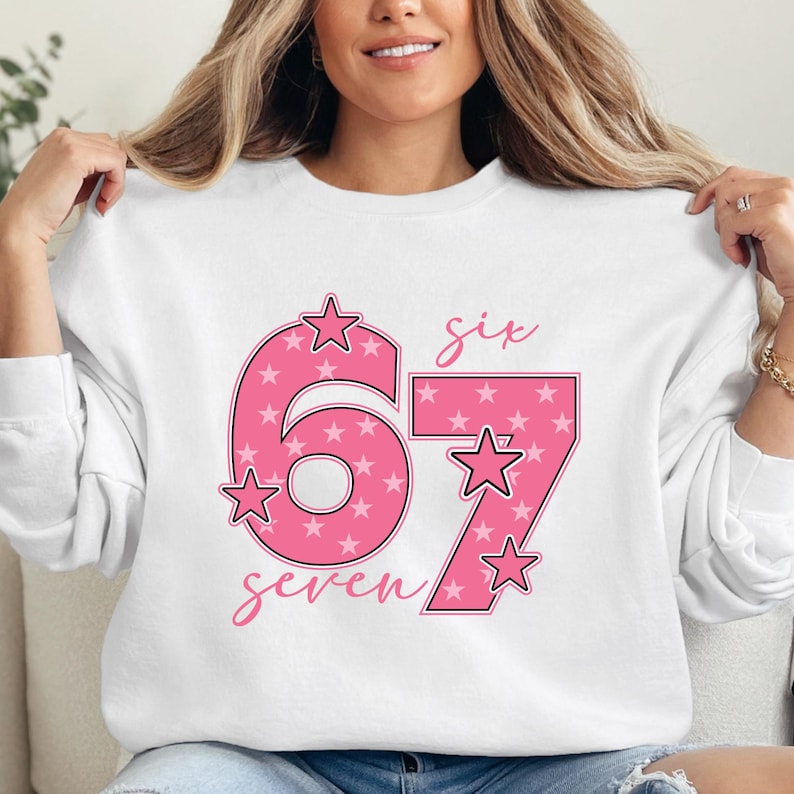Pink 67 Meme Shirt, Six Seven Trend Tee, Funny Viral Number Sweatshirt ...