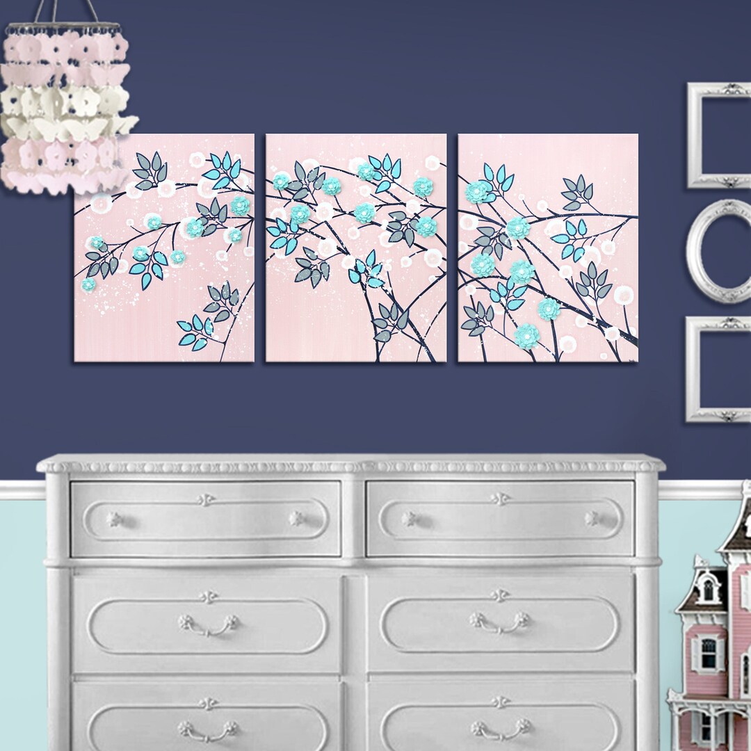 Sculpted Flower Triptych: Pink & Aqua, Large Nursery Canvas Art, 50x20 ...
