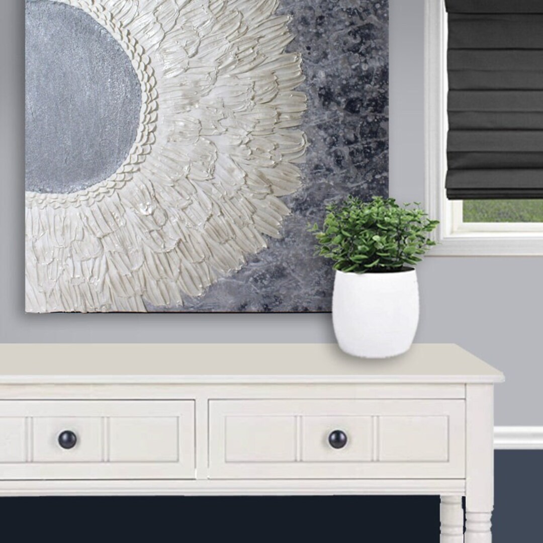 Silver Textured Painting, Original Impasto Artwork, White Sunflower ...