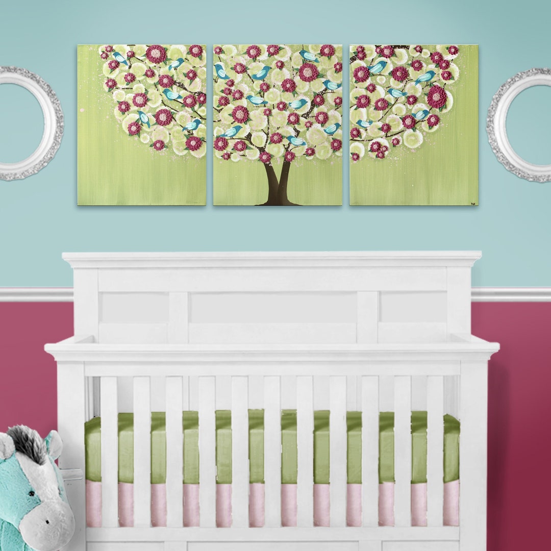 Blue Bird Tree Triptych: Green Sculpted Painting on Large Canvas, 50x20 ...