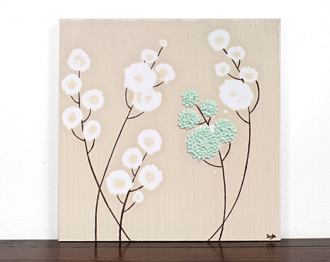 Small Flower Painting - Textured Art on Canvas - 12X12 Khaki and Green ...