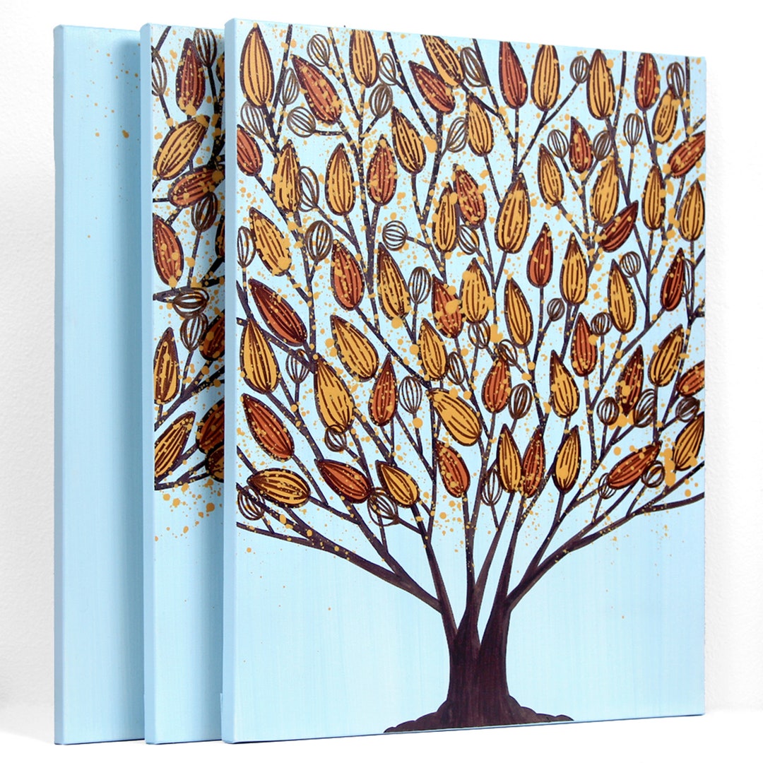 Autumn Tree Triptych Painting: Woodland Nature Art, Large Canvas, 50x20 ...