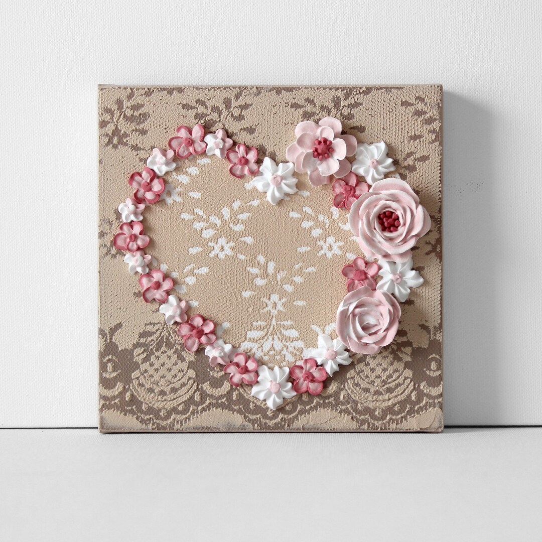 Little Heart Painting With Hand Sculpted Roses on a Miniature Canvas ...