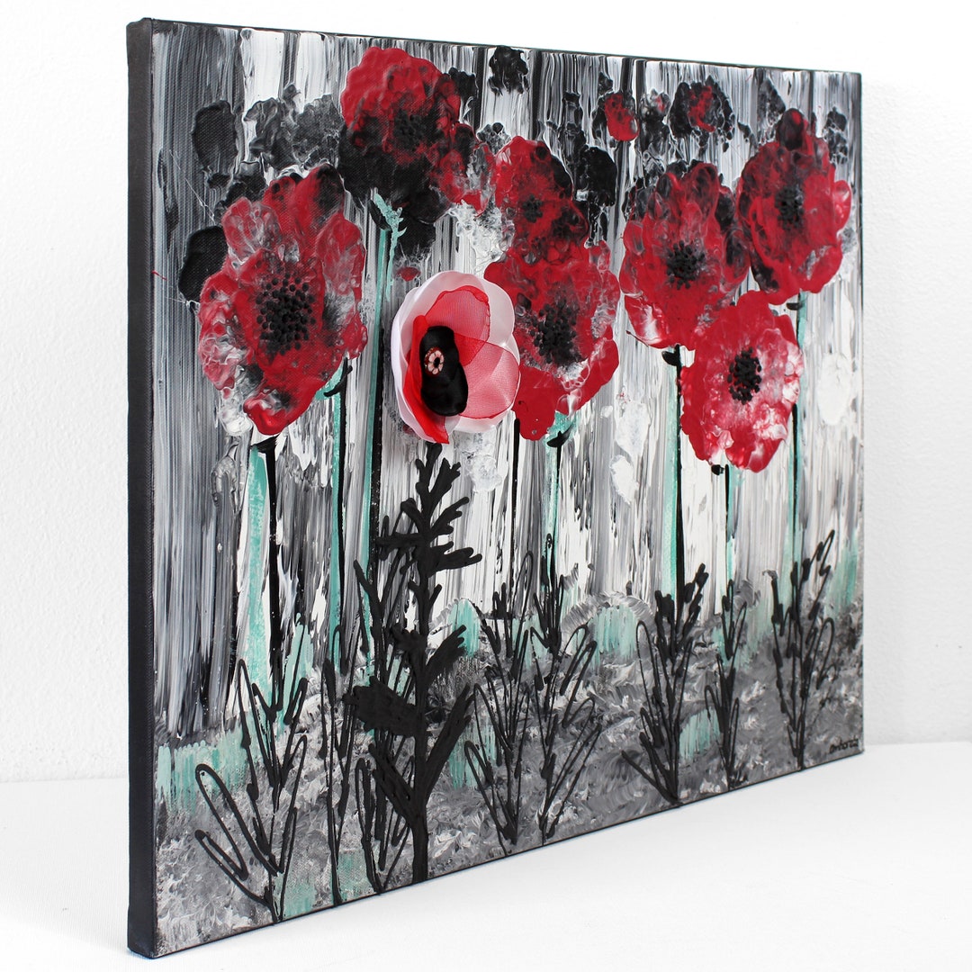 Red Poppy Field Painting: 3D Flower, Textured Black and White Canvas ...