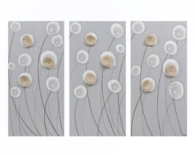 Gray Painting of Flowers - Original Acrylic on Canvas Triptych Medium ...