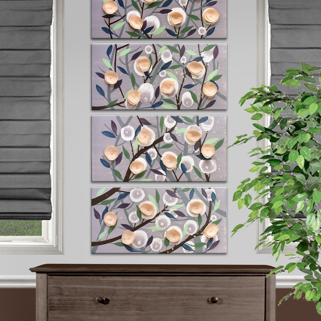 3D Flower Branch Painting: Peach, Olive Green, Purple, Large 4 Canvas ...