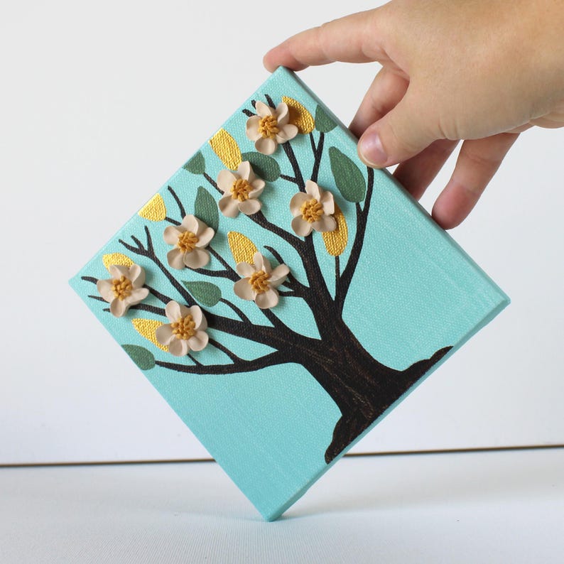 Mini Canvas Painting With Gold and Green Leaves on Blue With Textured ...