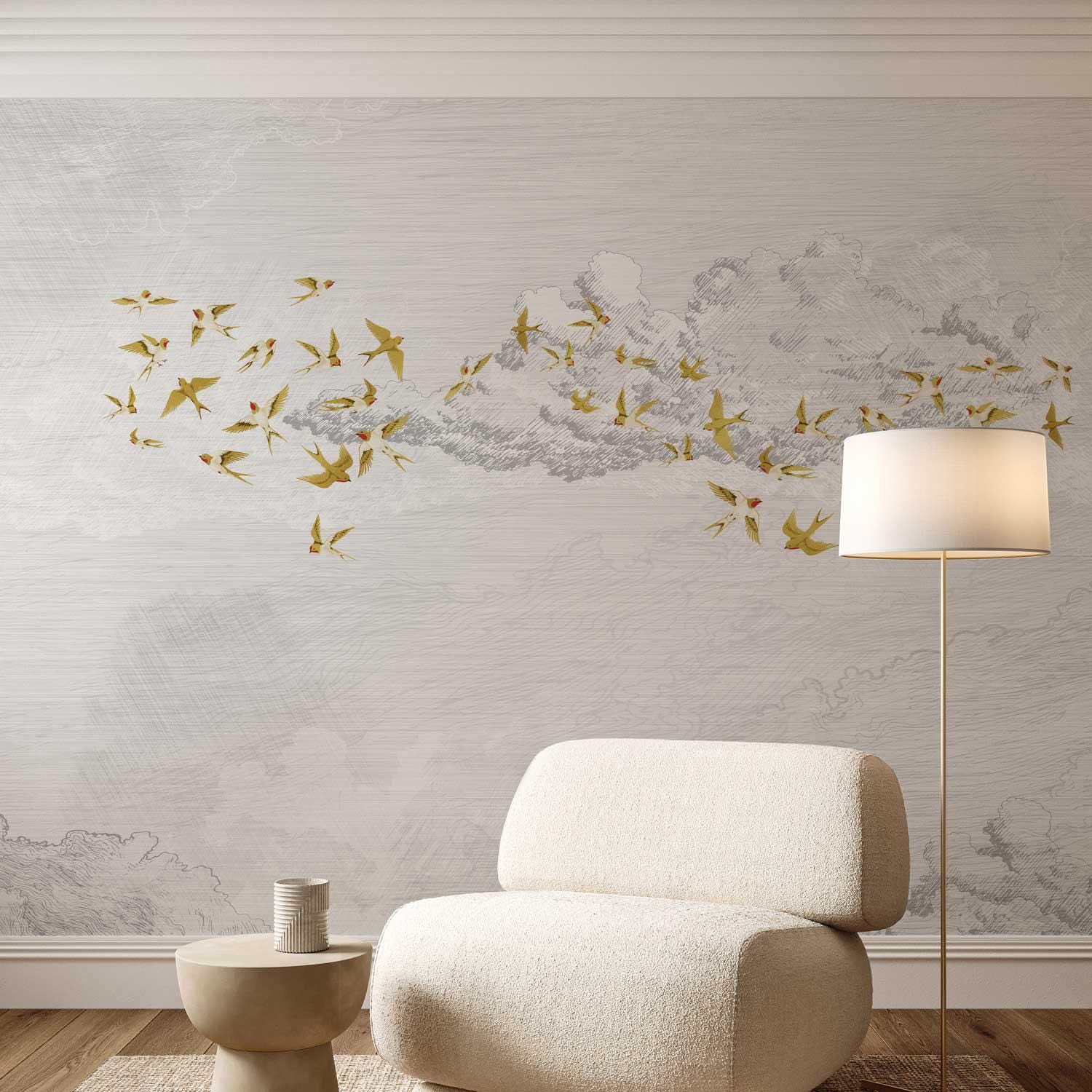Elegant Swallow Bird Wallpaper, Hand-drawn Cloudy Sky Mural for Bedroom ...