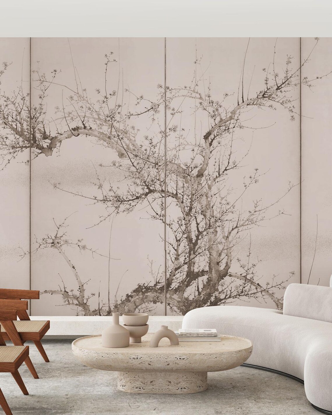 Neutral Ink Branch Wallpaper Mural, Japandi Tree Wall Art, Beige Gray ...