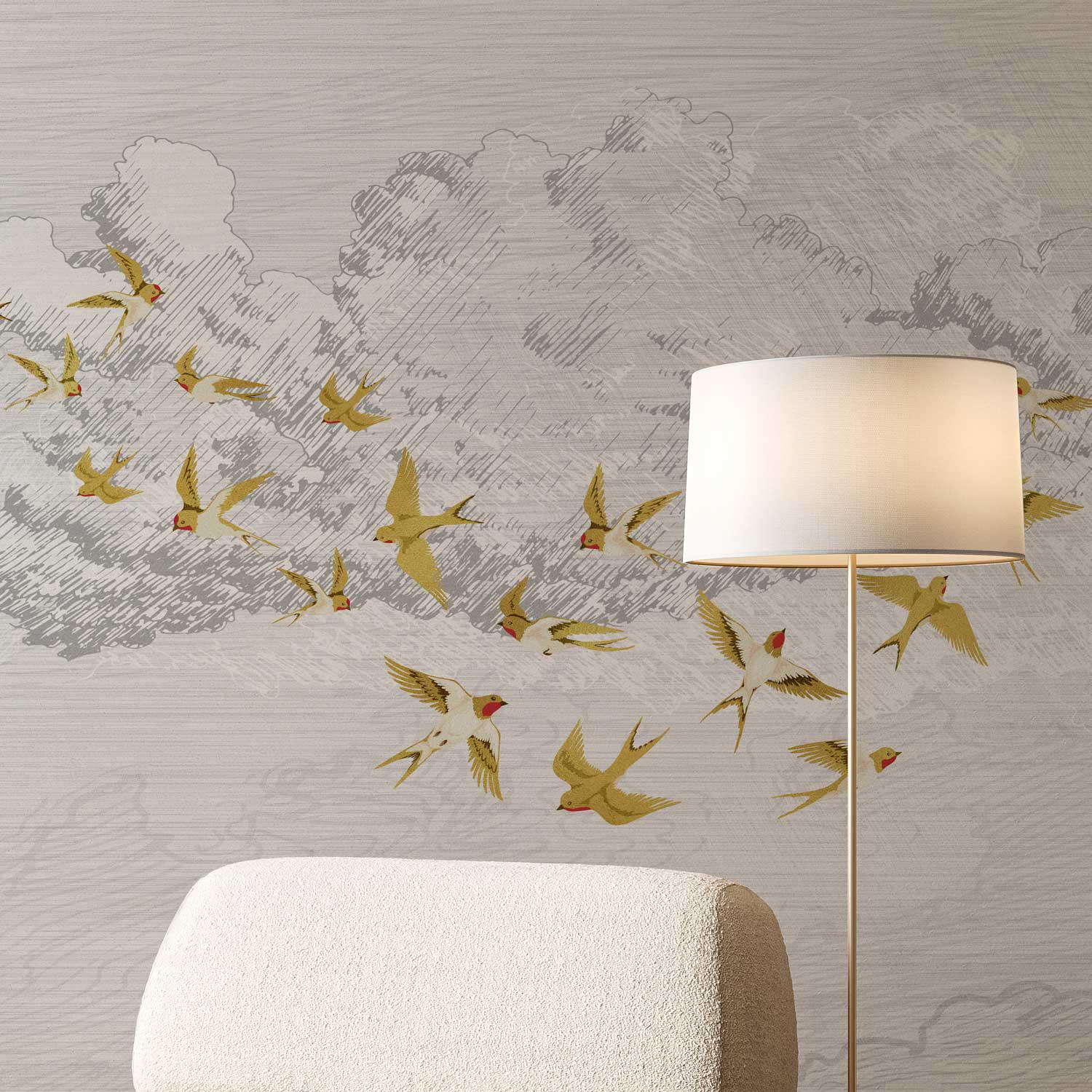 Elegant Swallow Bird Wallpaper, Hand-drawn Cloudy Sky Mural for Bedroom ...