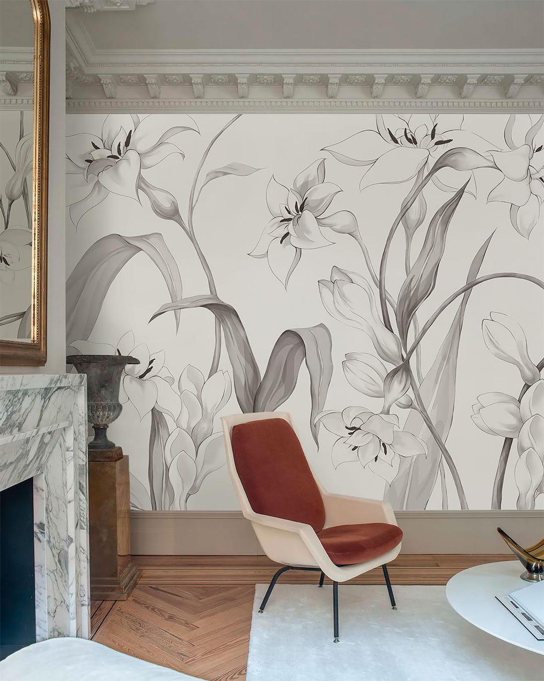 Grayscale Floral Wallpaper Mural, Large Lily Line Art, Neutral Bedroom ...