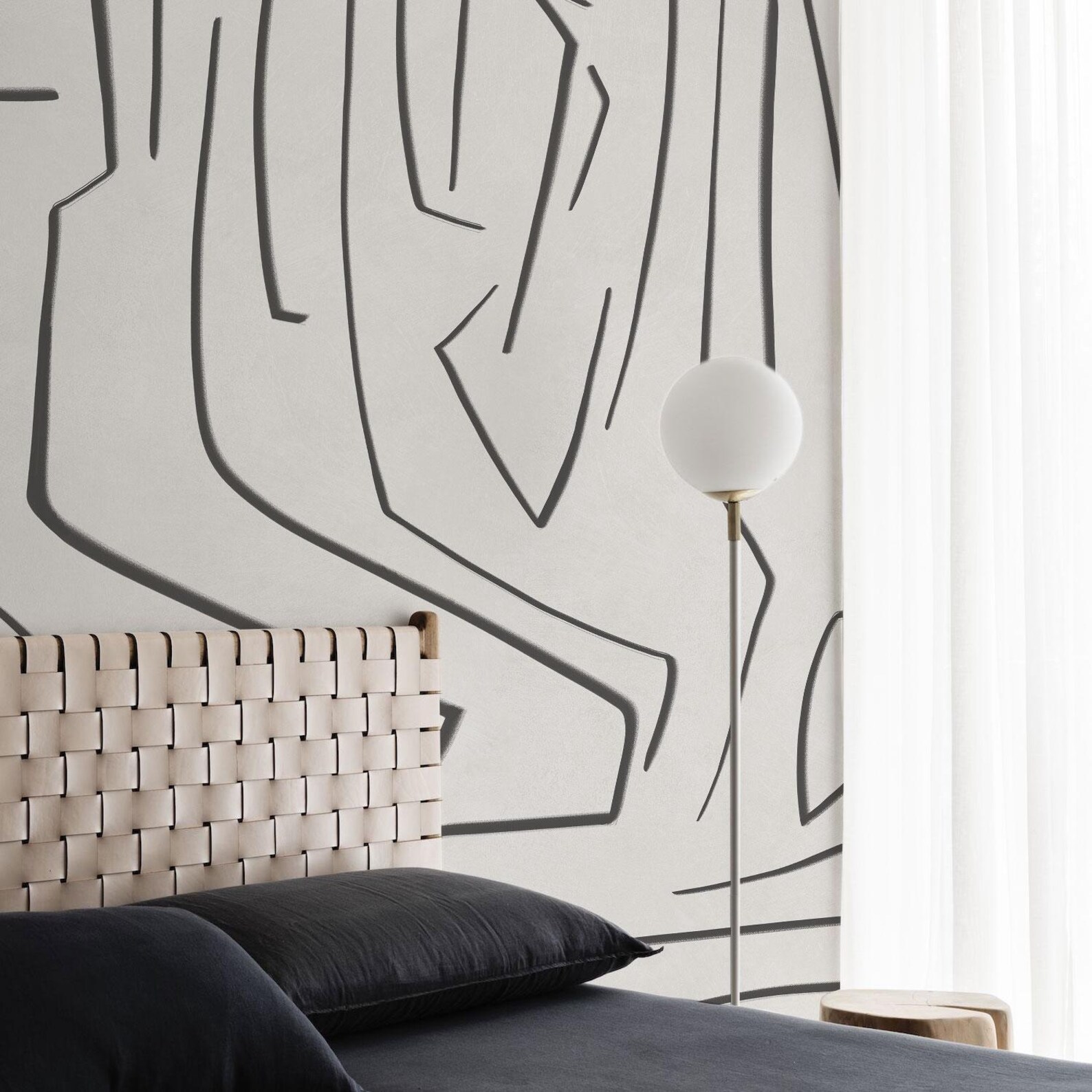 Modern Abstract Line Art Wall Mural – Black Minimalist Geometric ...