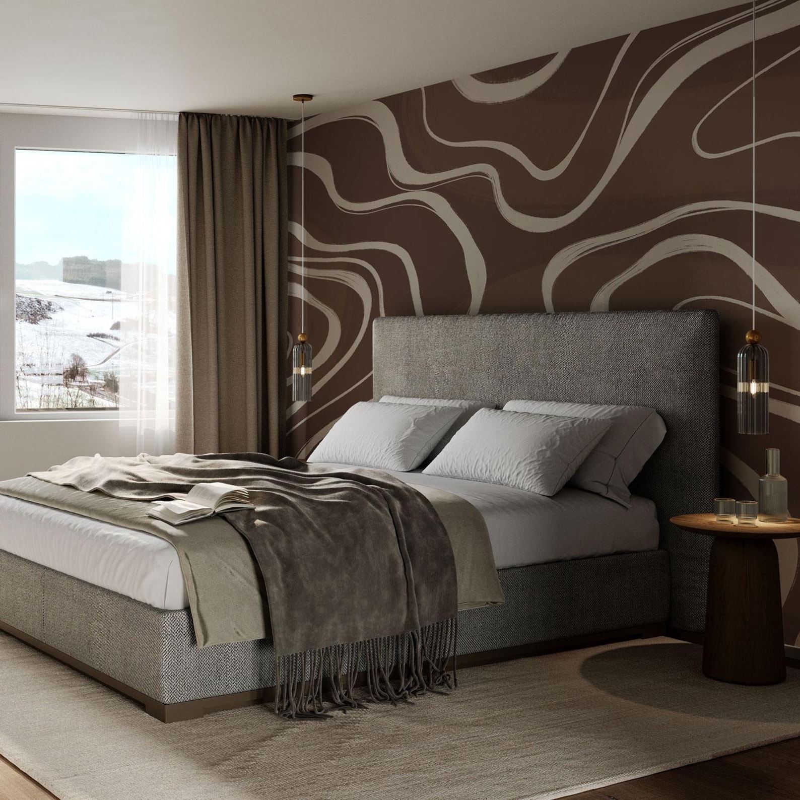 Dark Brown Wavy Line Wallpaper – Bold Abstract Wall Mural With Cream ...