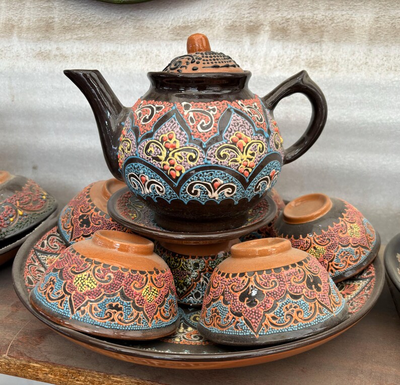 Authentic Uzbek Ceramic Teapot Set With 6 Pialas: Handcrafted Elegance ...