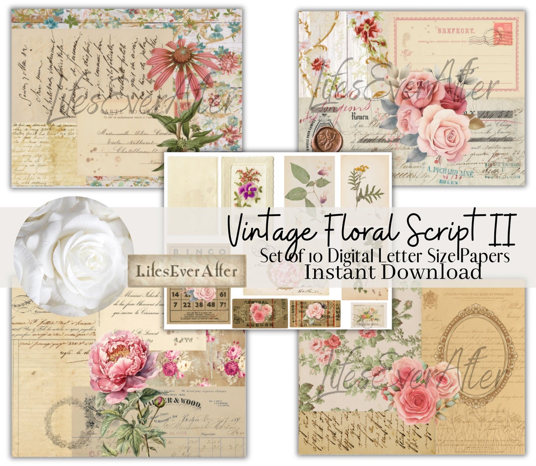 Vintage Floral Script Journal Pages: Ephemera, Junk Journal (digital ...
