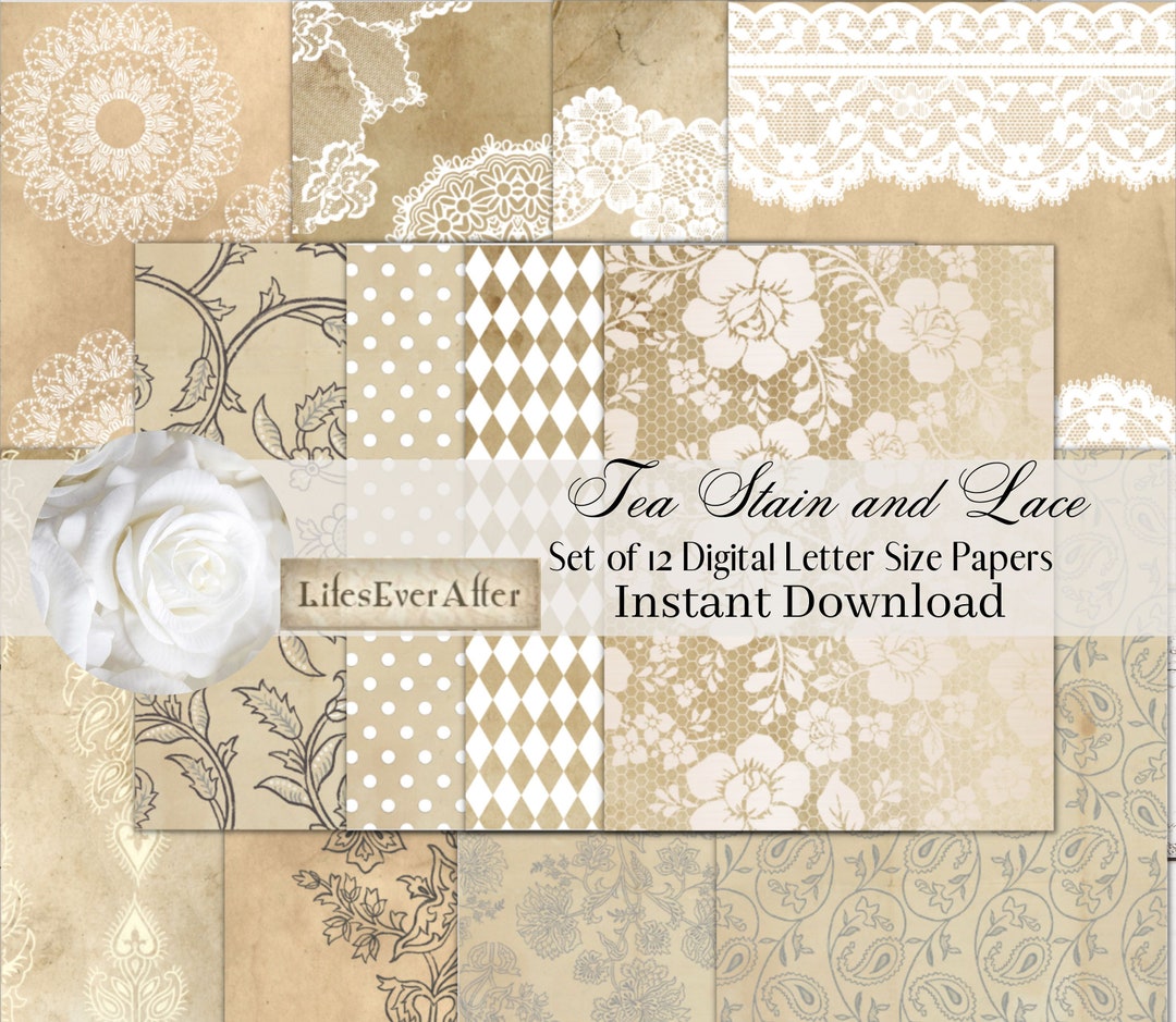 Tea Stain & Lace Digital Paper: 12 Letter Size Journal Pages (instant ...